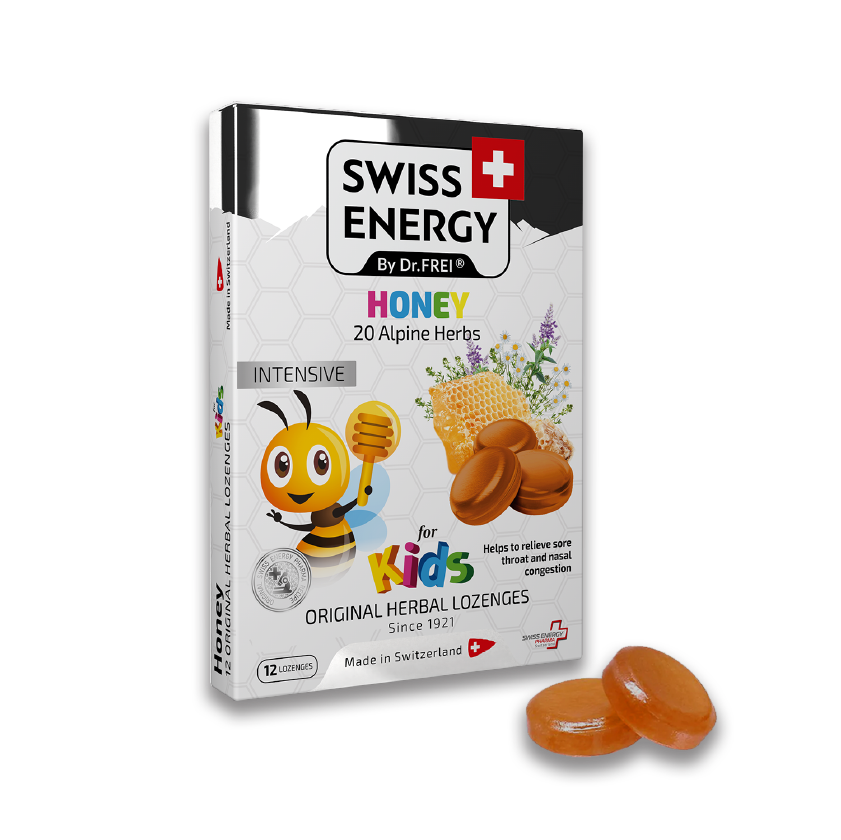 Swiss Energy, Honey, 20 Alpine herbs, lozenges for kids against sore t ...